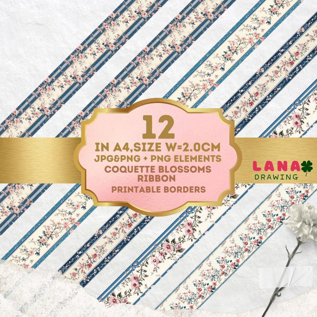 Coquette Blossom Ribbon Borders, Washi Tape Stripe Digital, Washi Tape ...