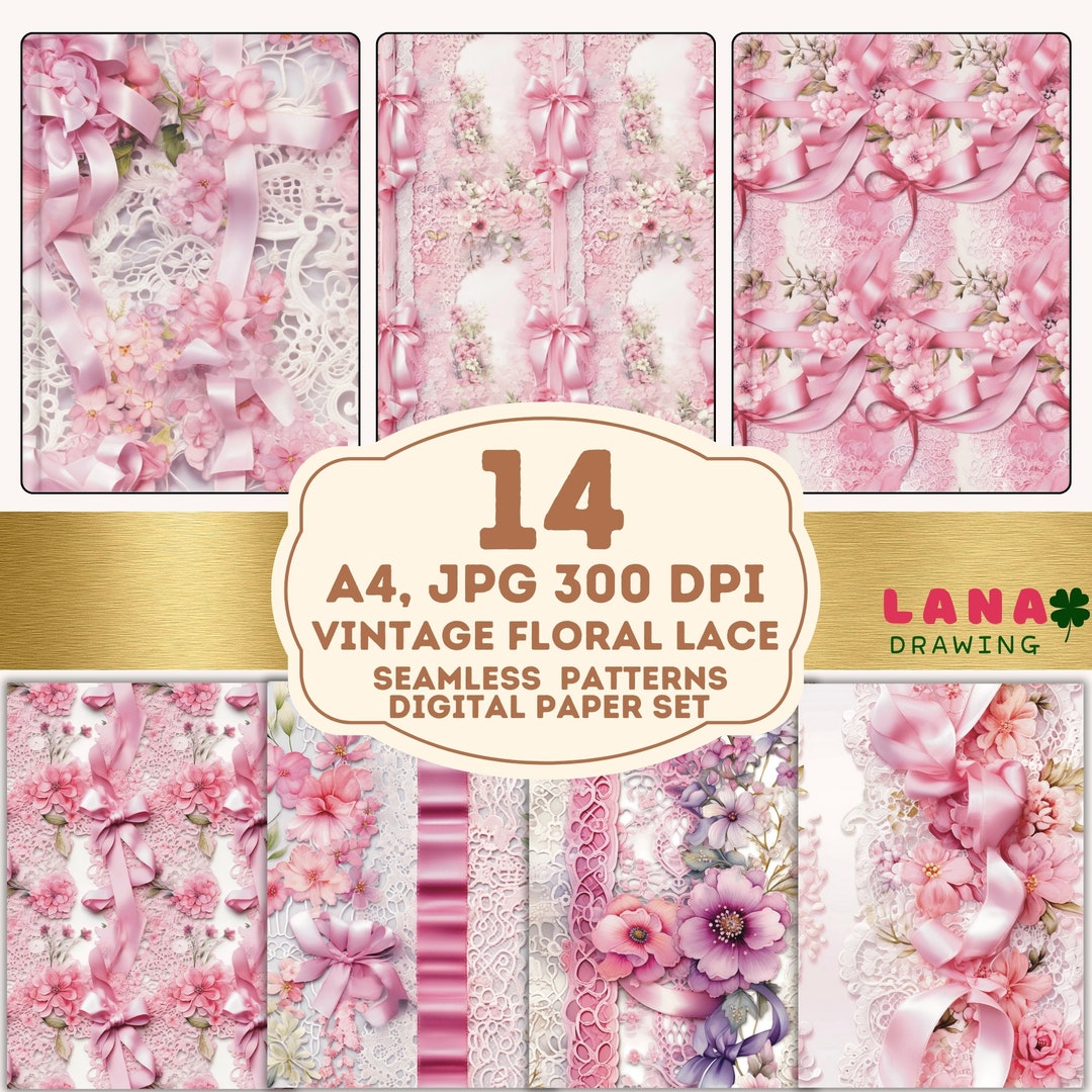 Vintage Pink Floral Lace Digital Papers, Vintage Floral Junk Journal ...