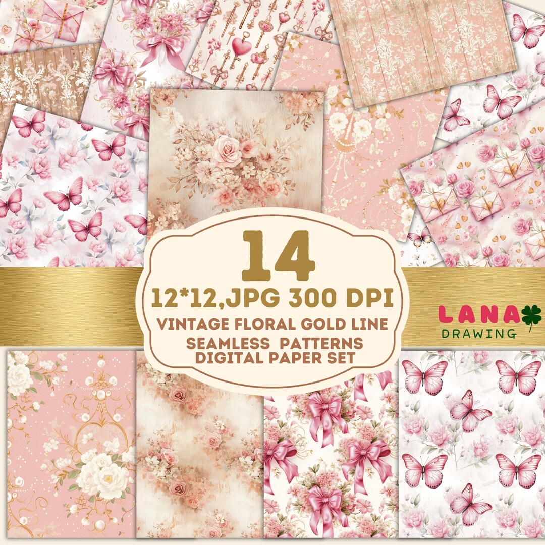 Vintage Pink Digital Paper, Shabby Chic Pink Floral Seamless Pattern ...