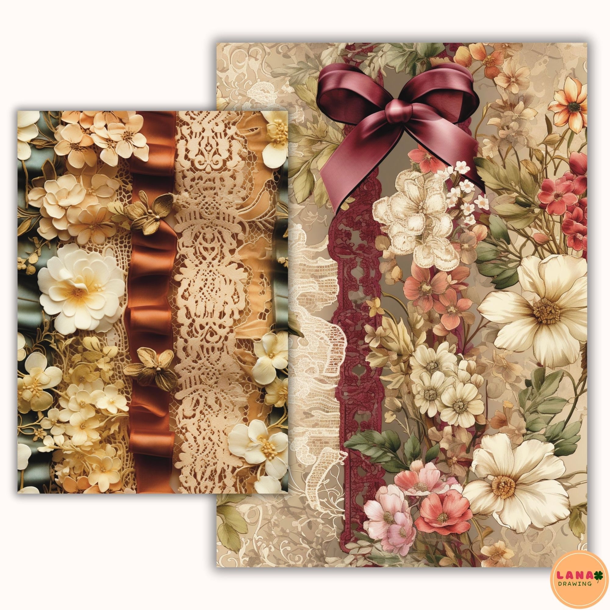 Vintage Gold Floral Lace Digital Paper, Vintage Floral Junk Journal ...