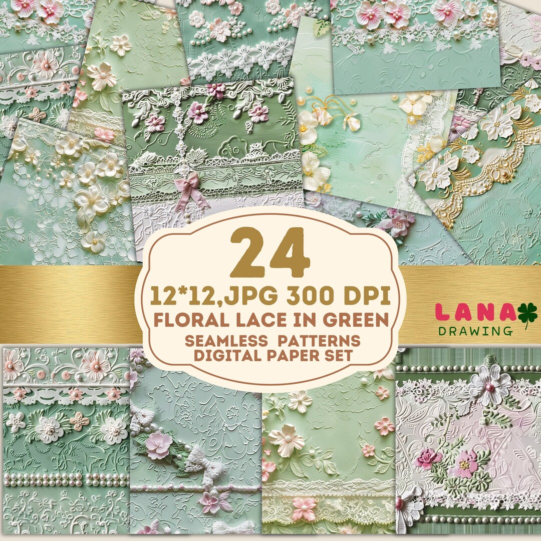 Vintage Green Lace Digital Paper, Shabby Chic Seamless Pattern, Vintage ...