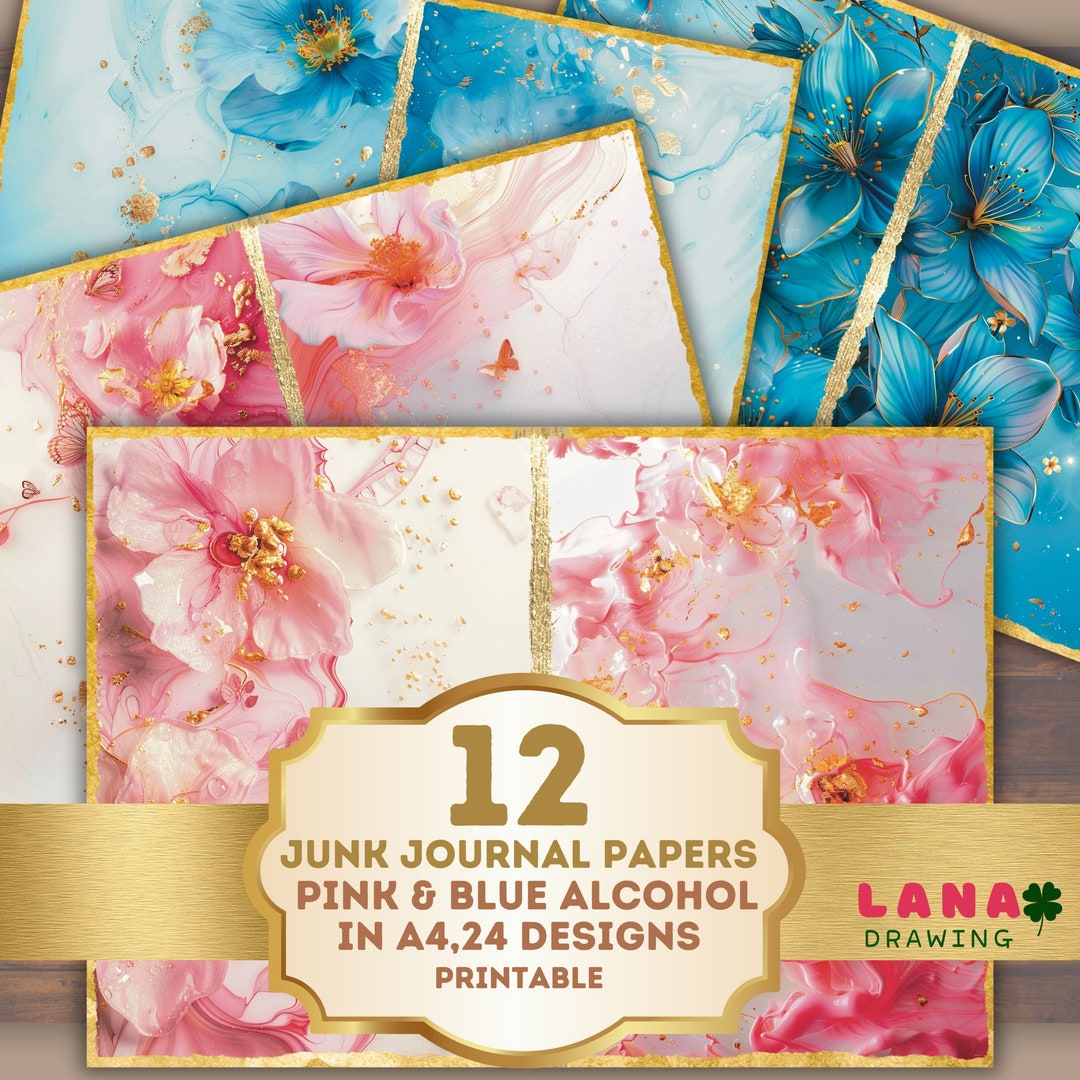 Pink Blue Alcohol Ink Junk Journal Paper, Vintage Junk Journal Pages ...