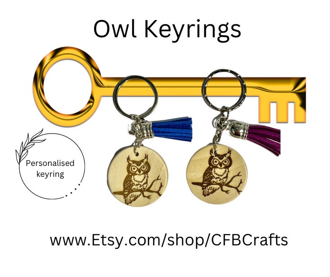 Personalised Owl Laser Engraved Keyrings, Custom Wooden Keyring, Owl ...