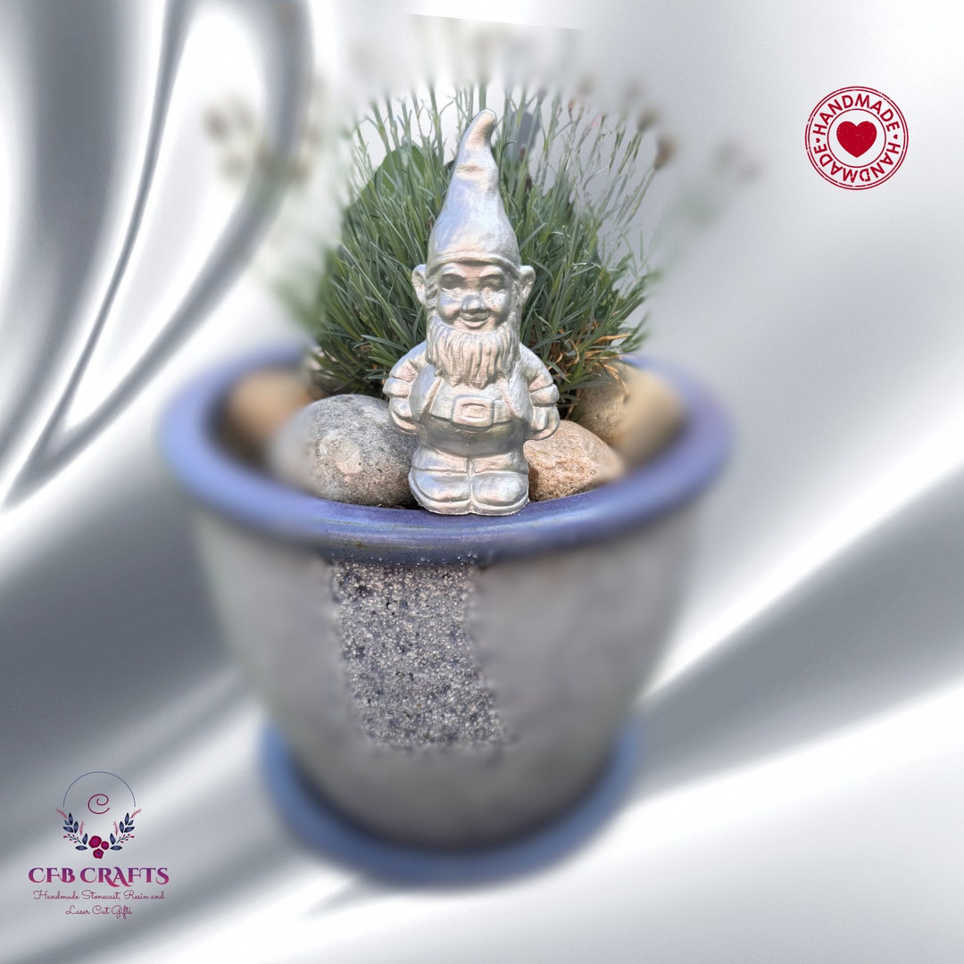Handpainted Small Silver Garden Gnome, Stone Garden Gnome, Flowerbed ...