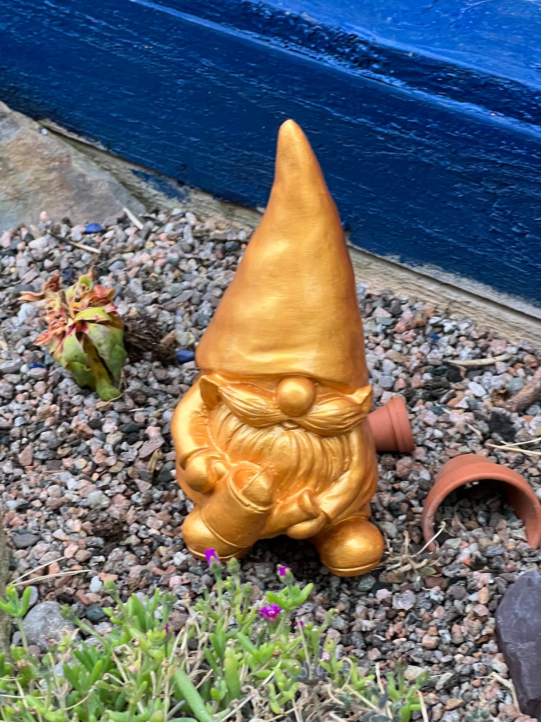Hand Painted Golden Garden Gnome With Watering Can, Ideal Gift, Golden ...