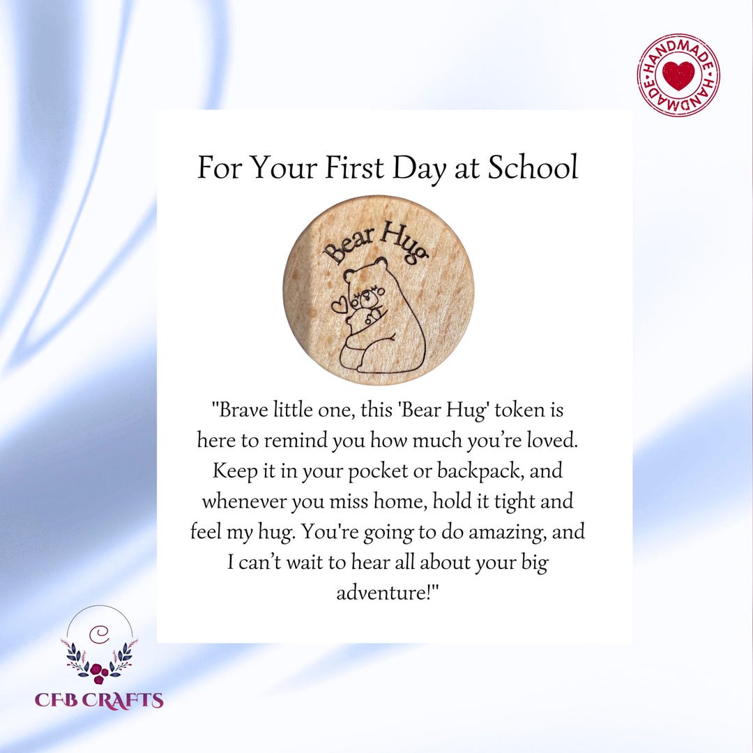 First Day of School Bear Hug Token Engraved Wooden Pocket Hug Keepsake ...
