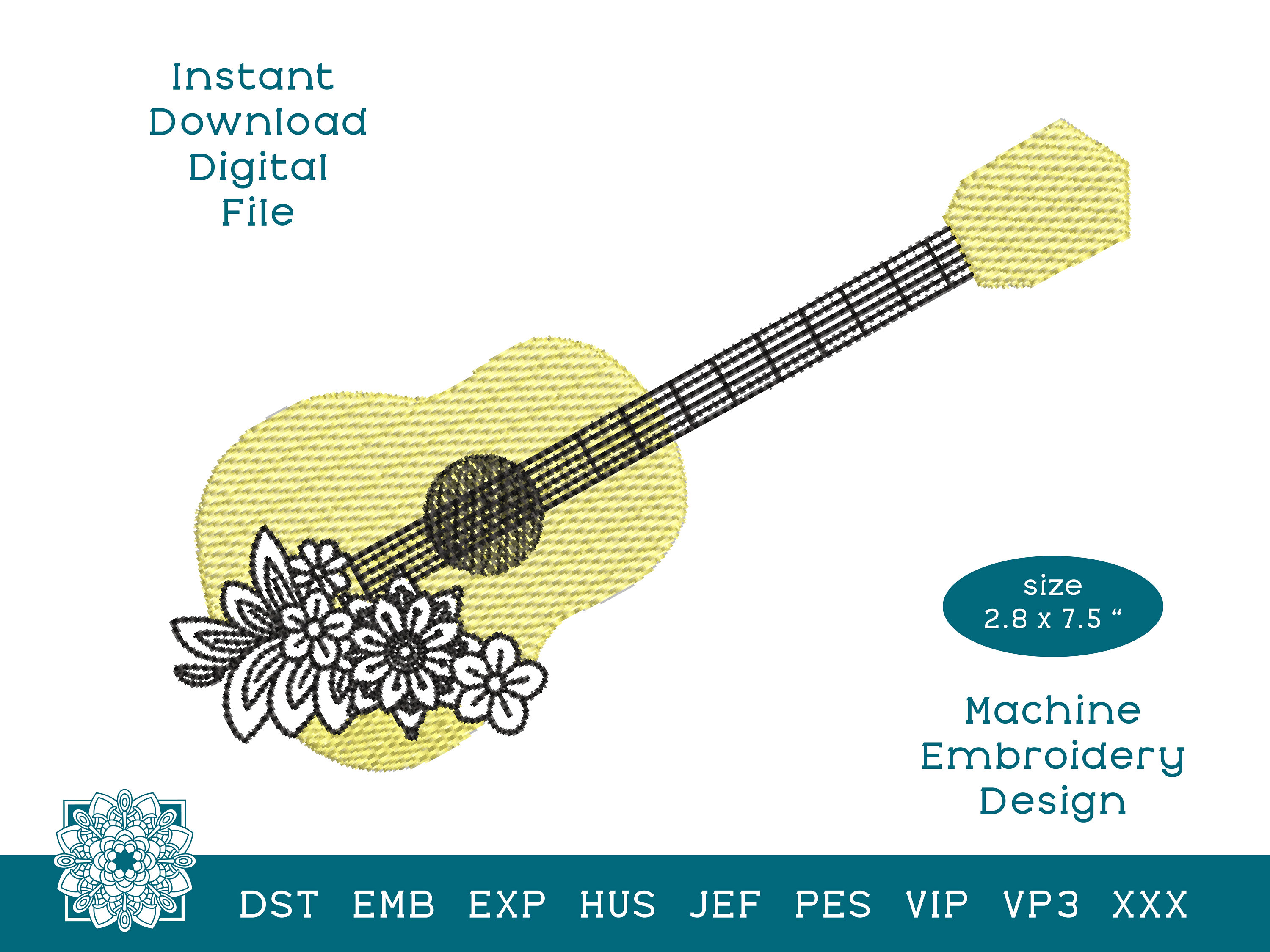 Guitar Embroidery Design Floral Guitar Machine Embroidery - Etsy