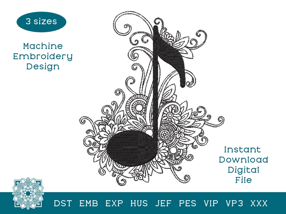 Music Note Embroidery Design, Floral Note Machine Embroidery, Music ...