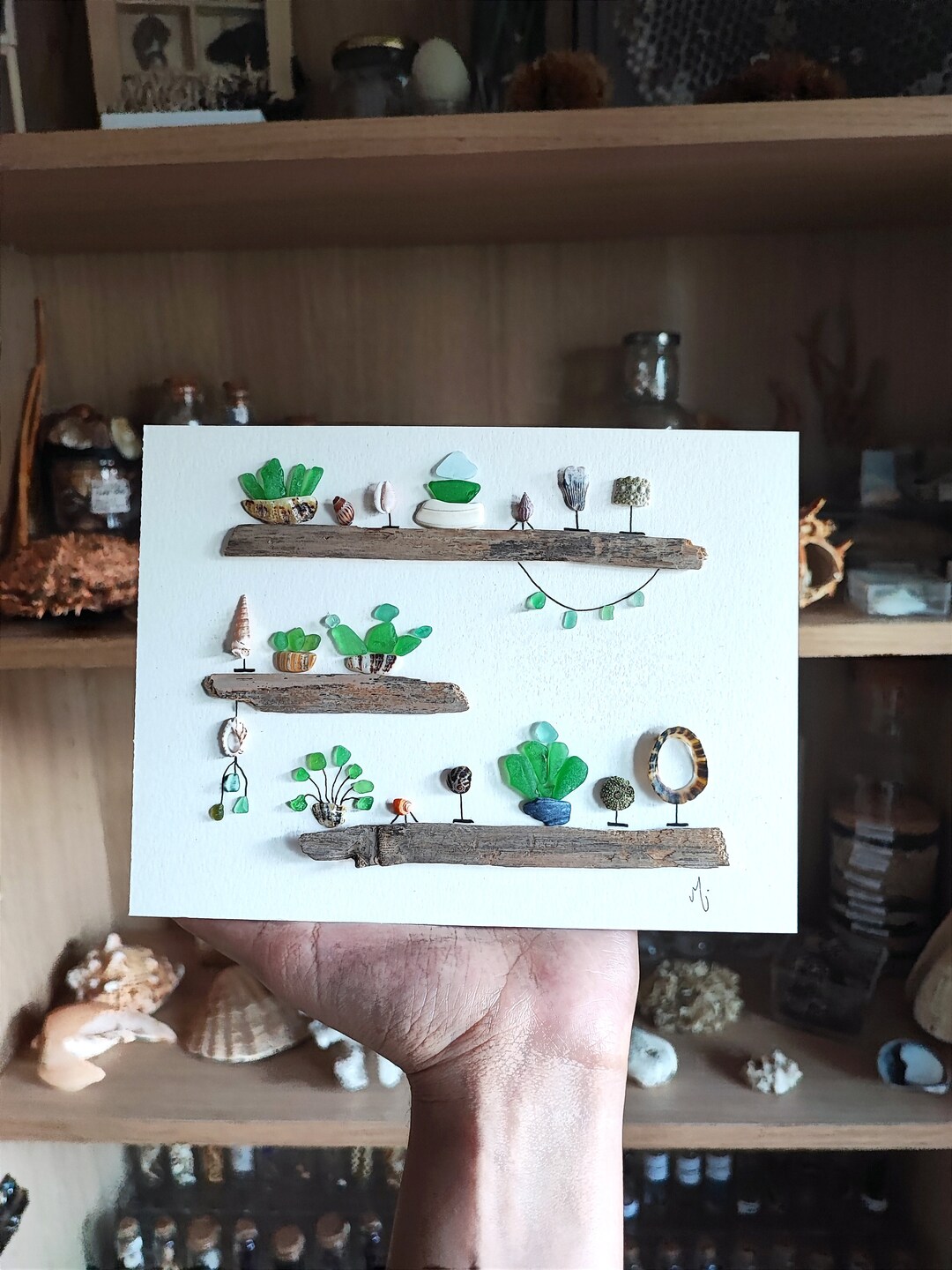 Seaglass Art | Collage | Curiosities and Plant Shelf - Etsy