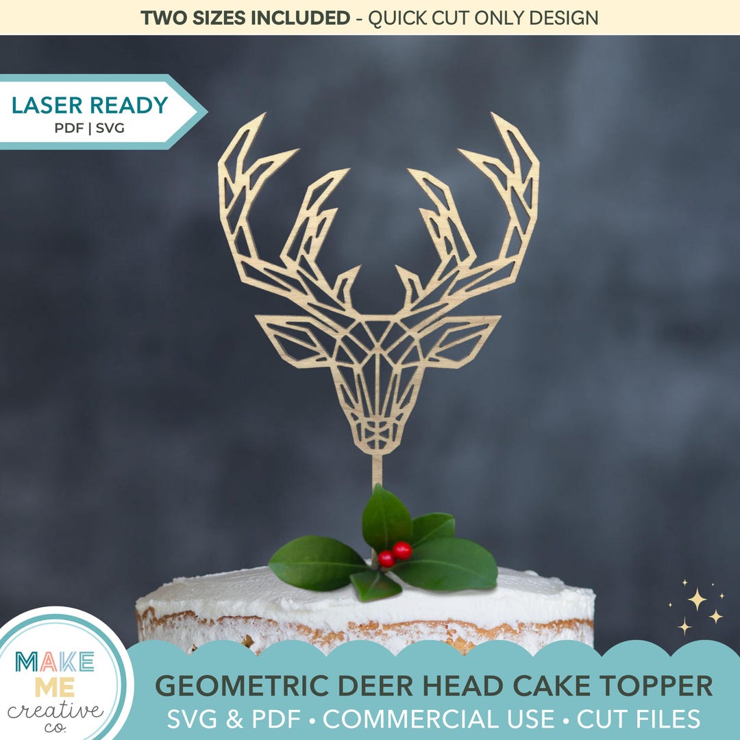 Geometric Deer SVG, Stag Head Christmas Cake Topper, Line Art Animal ...