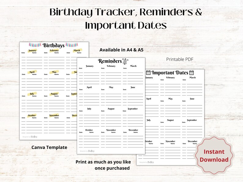 Printable Birthday Tracker Calendar Reminders important - Etsy