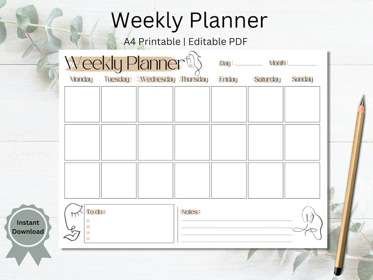 Printable Weekly Planner, Abstract Line Face Editable A4 PDF Planner ...
