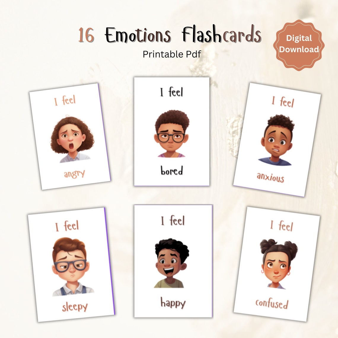 16 Emotions Flashcards Cartoon Face Expressions, Feelings, Digital ...