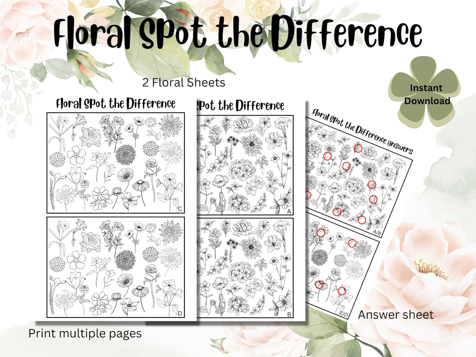Floral Spot the Difference Activity Sheet, Kids and Adults Puzzle ...