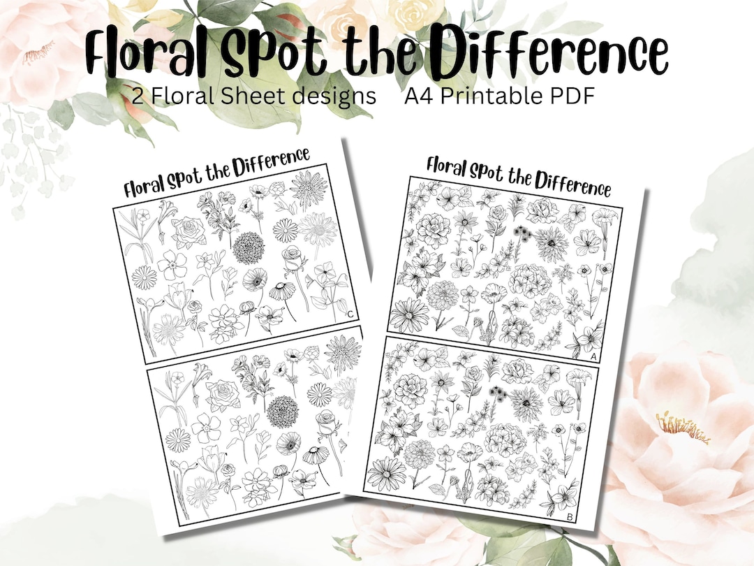Floral Spot the Difference Activity Sheet, Kids and Adults Puzzle ...
