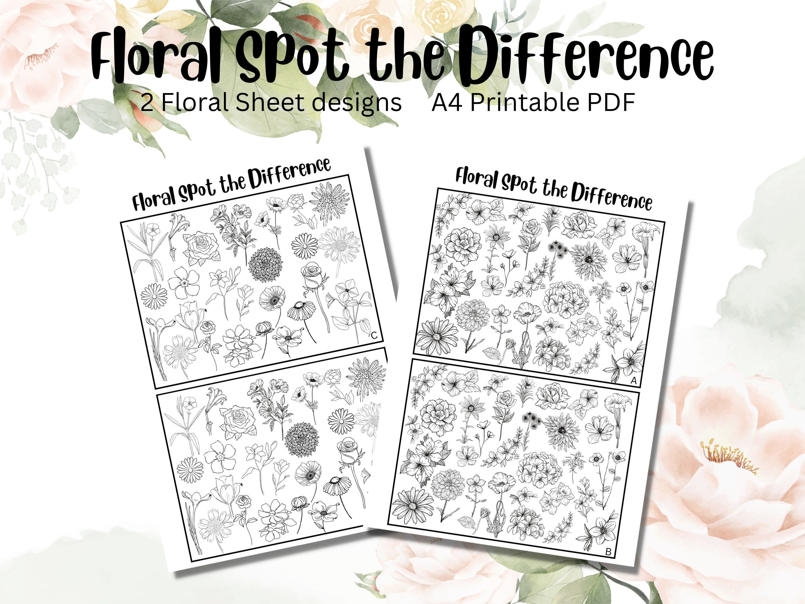 Floral Spot the Difference Activity Sheet, Kids and Adults Puzzle ...