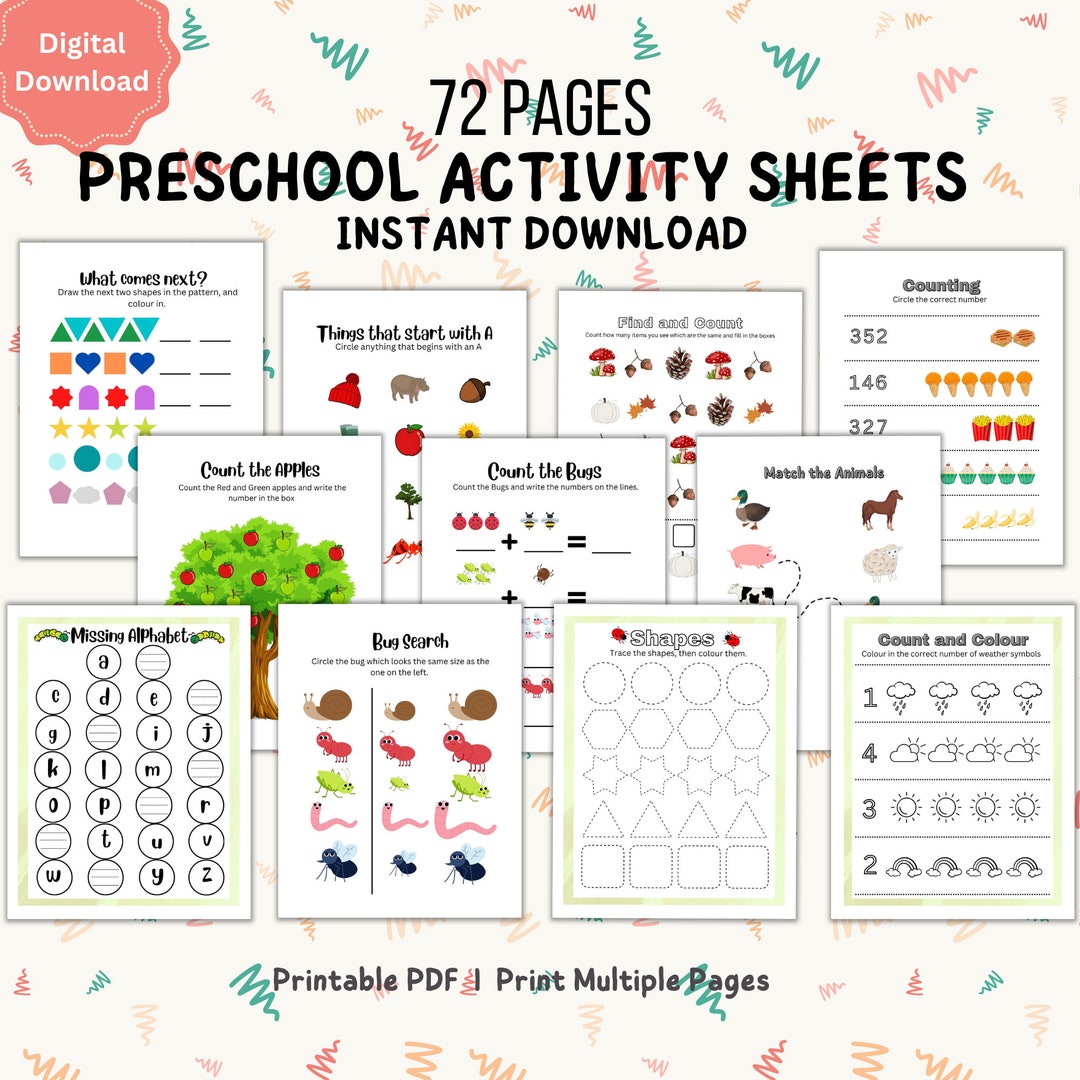 Kids Activity Book, Preschool Worksheet Bundle Age 3-5, 72 Pages of Fun ...