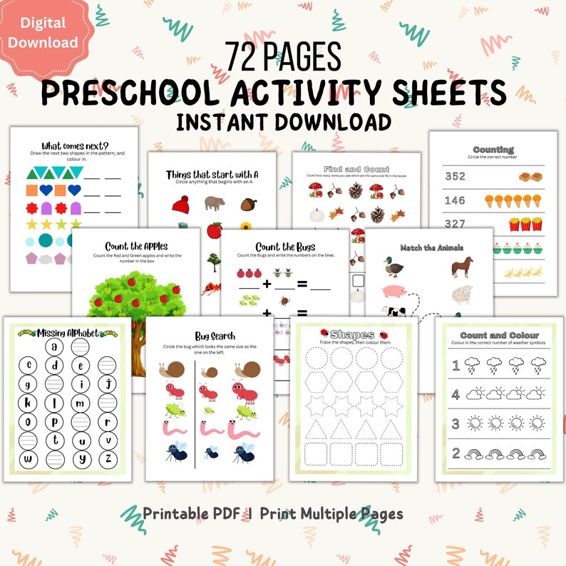 Kids Activity Book, Preschool Worksheet Bundle Age 3-5, 72 Pages of Fun ...