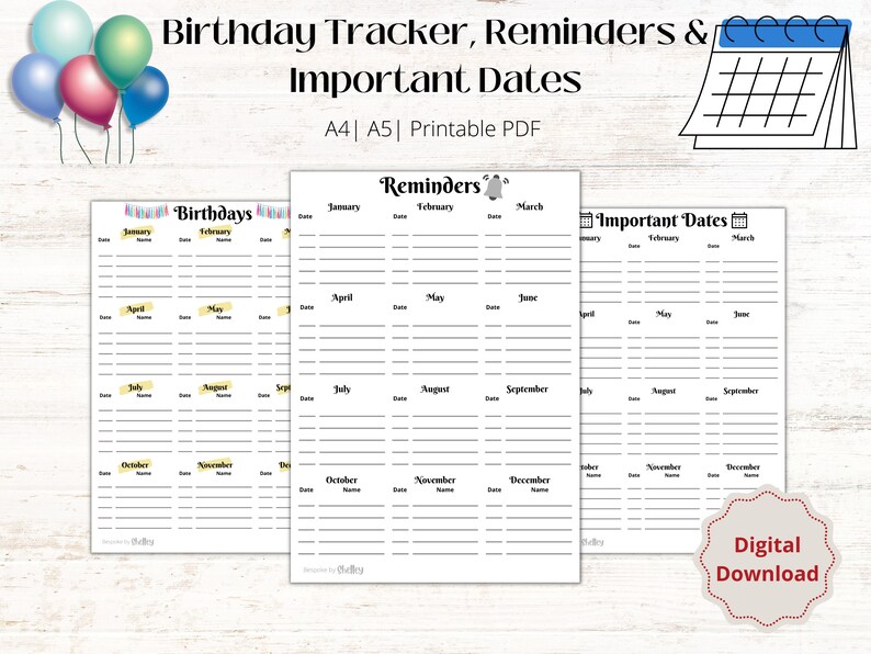 Printable Birthday Tracker Calendar Reminders important - Etsy