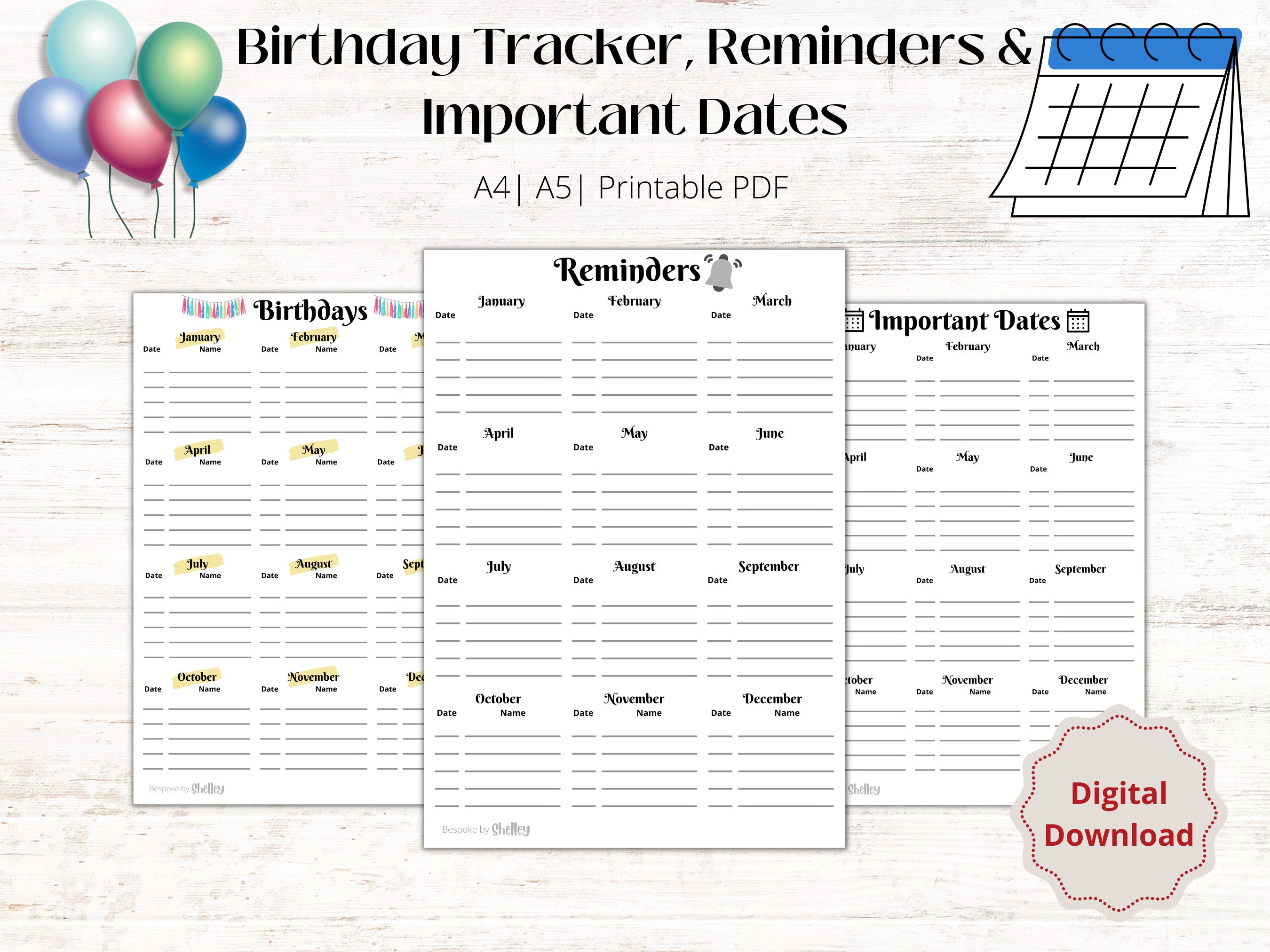 Printable Birthday Tracker & Calendar Reminders, Remember Important ...