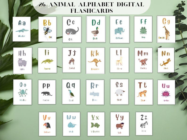 26 ABC Animal Alphabet Flashcards, Digital Alphabet Card for Preschool ...