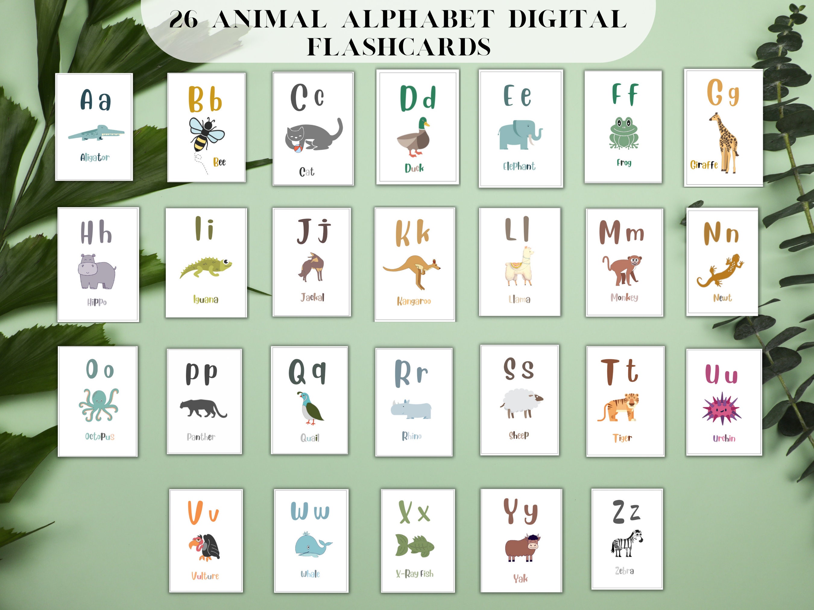 26 ABC Animal Alphabet Flashcards, Digital Alphabet Card for Preschool ...