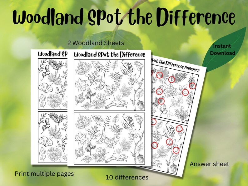 Woodland Spot the Difference Activity Sheets, Printable Woodland Leave ...
