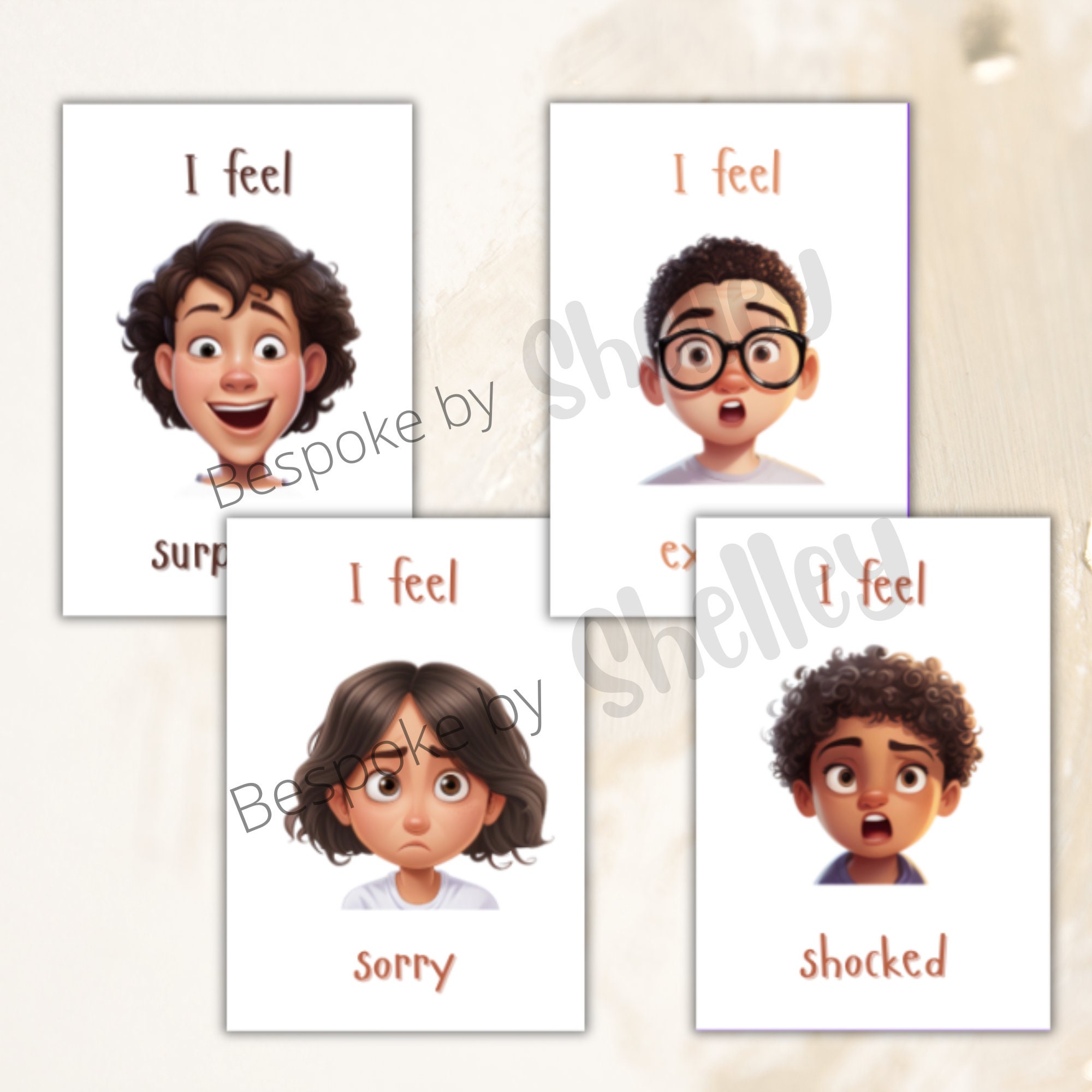 16 Emotions Flashcards Cartoon Face Expressions, Feelings, Digital ...