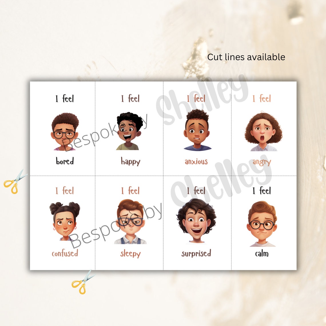 16 Emotions Flashcards Cartoon Face Expressions, Feelings, Digital ...