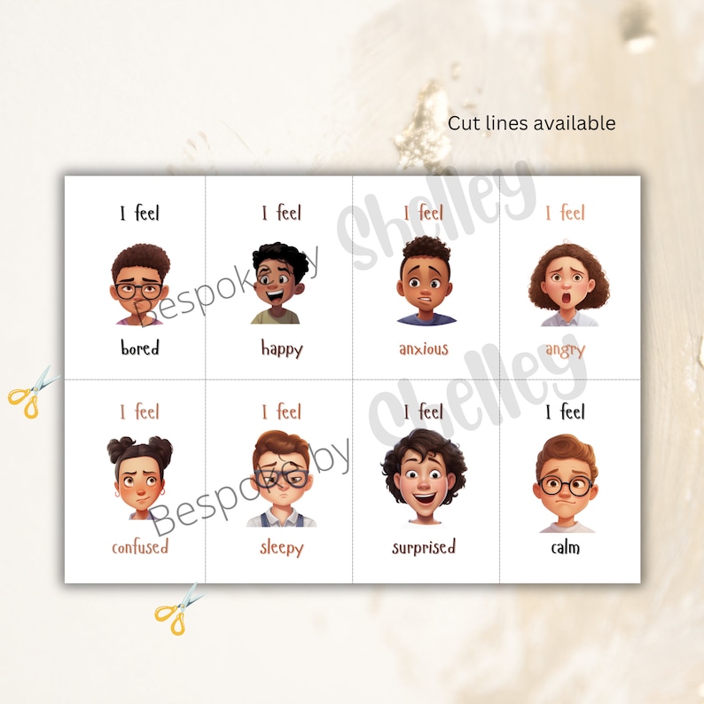 16 Emotions Flashcards Cartoon Face Expressions, Feelings, Digital ...