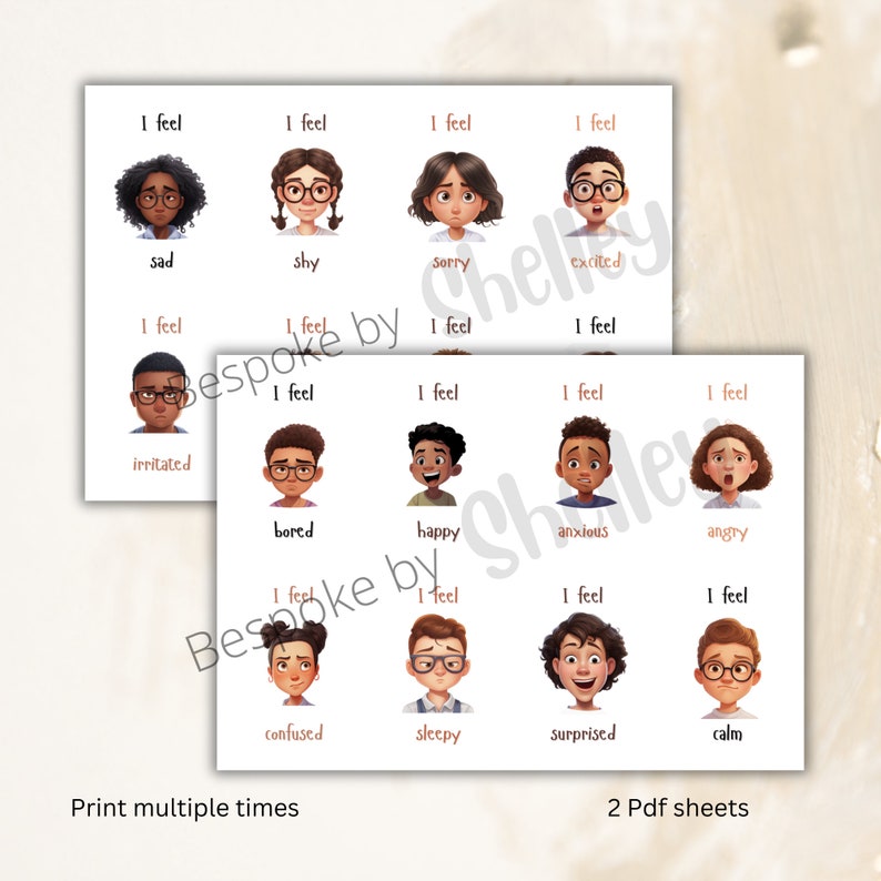 16 Emotions Flashcards Cartoon Face Expressions, Feelings, Digital ...