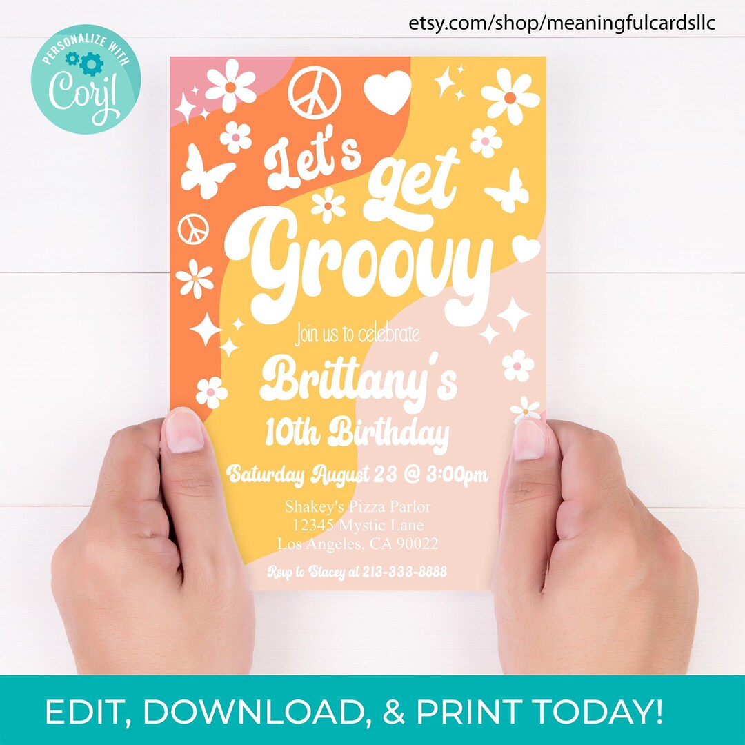 Editable Let's Get Groovy Birthday Party Invitation, Retro Floral ...