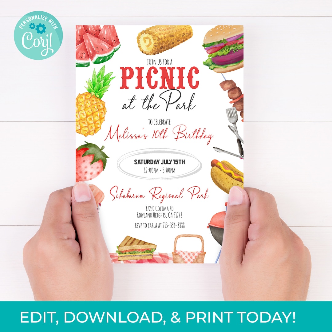 Editable Picnic BBQ Invitation Barbecue Birthday Party Download Summer ...