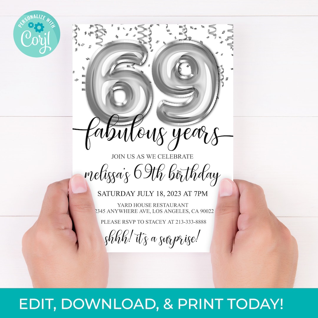 69th Birthday Invitation, Silver Balloons, Editable Party Invite ...