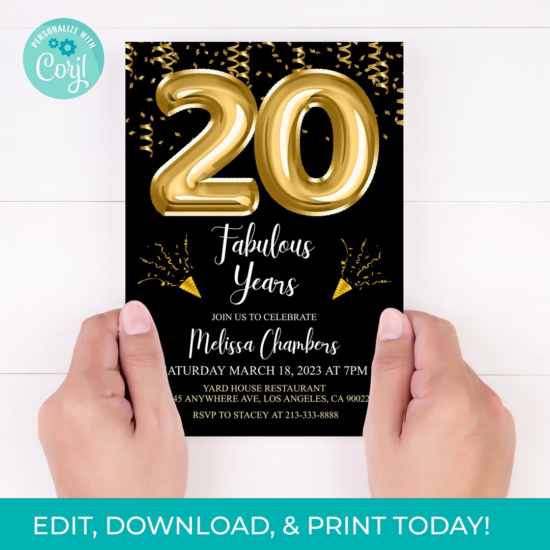 20th Birthday Invitation 20th Invite Black Gold Balloons Invitation, 20 ...