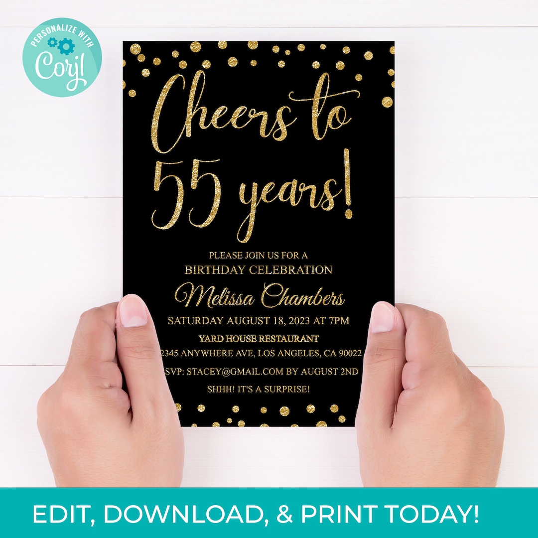 55th Birthday Invitation, Black Gold Glitter, Editable (digital ...