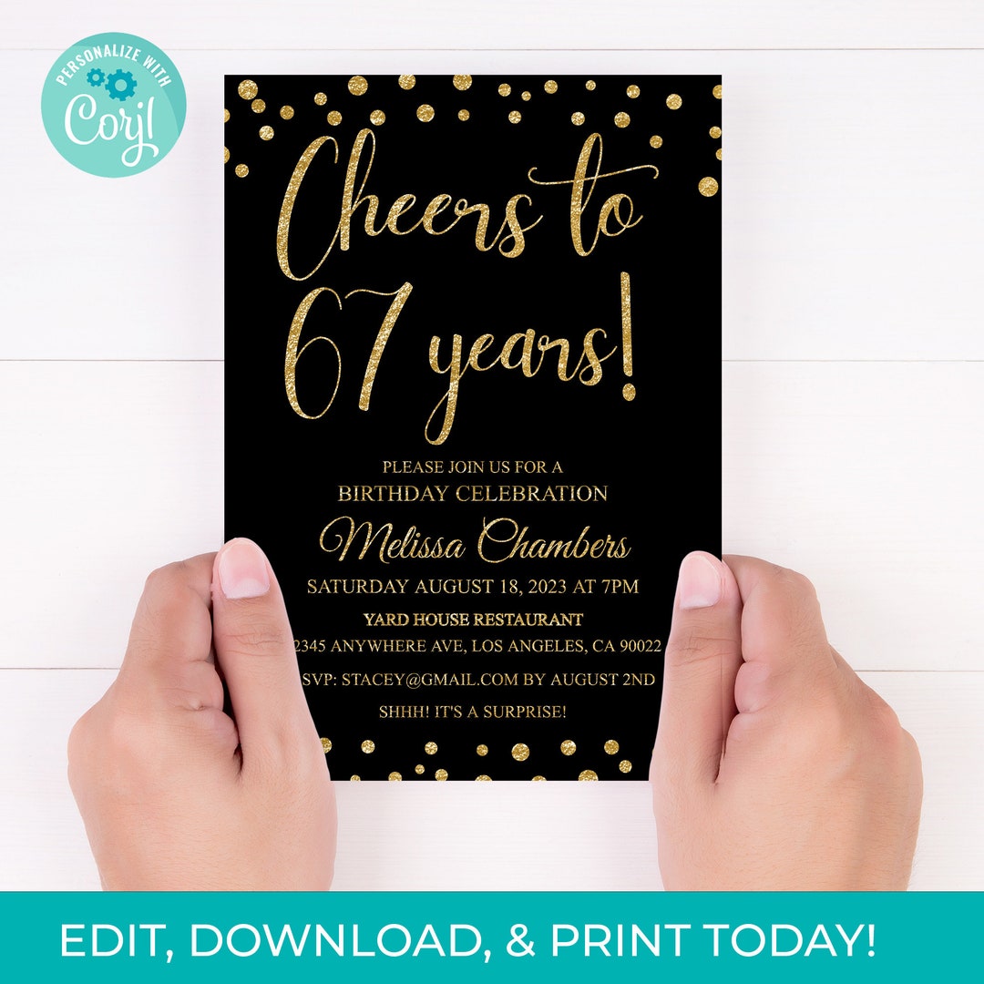 67th Birthday Invitation 67th Invite Black Gold Glitter Invitation ...