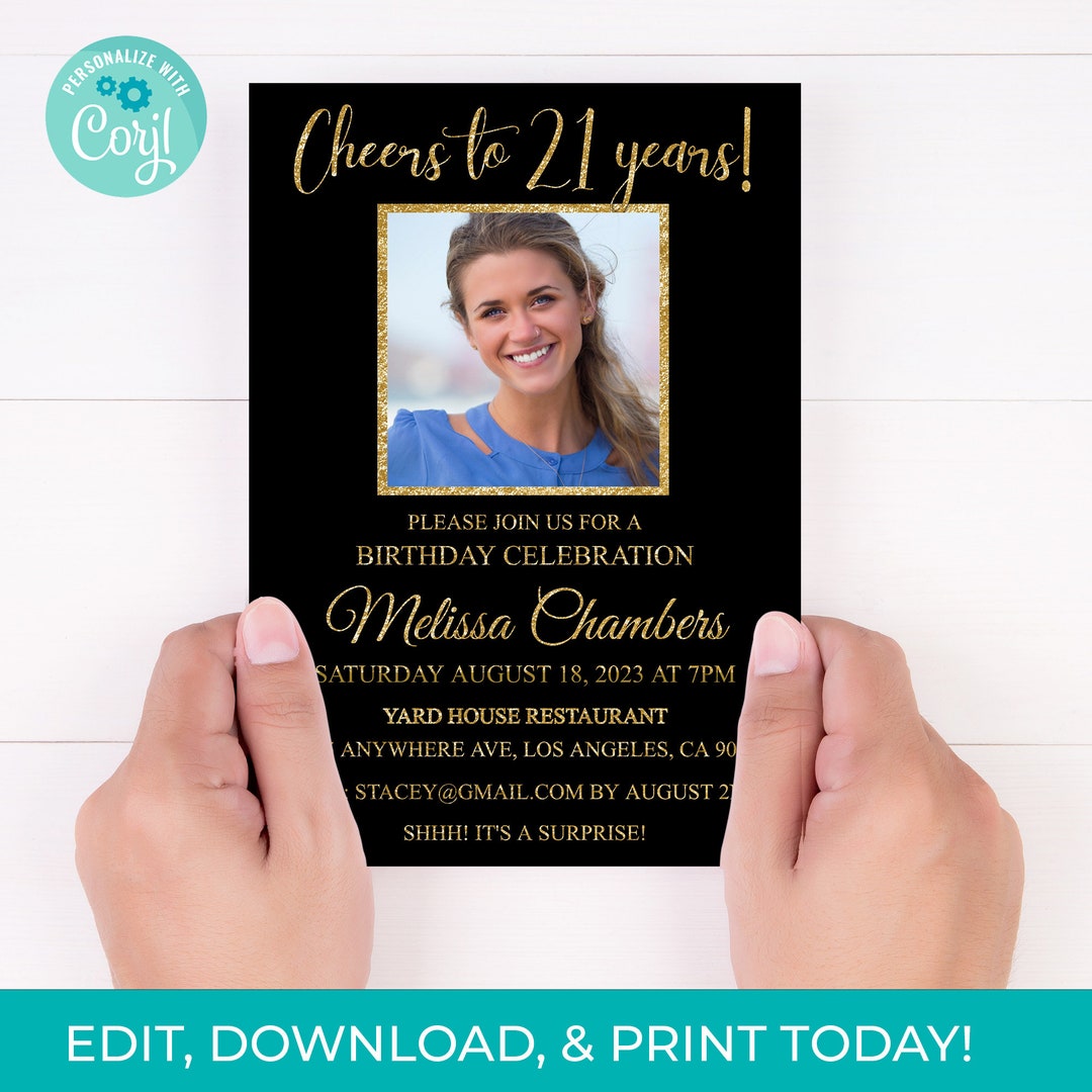 21st Birthday Invitation With Photo 21st Invite Black Gold Digital ...