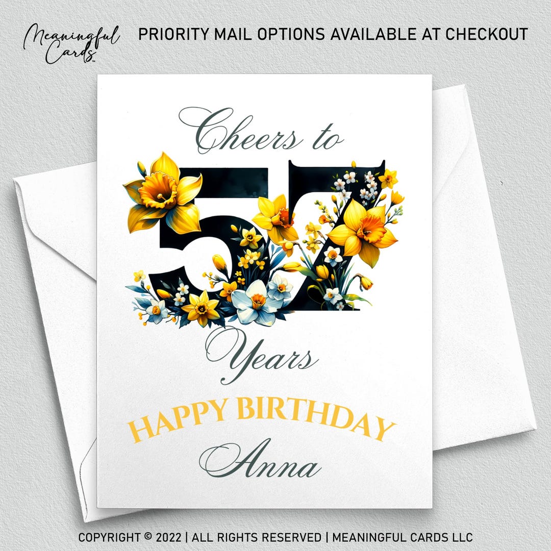 Personalized 57th Birthday Card Floral Design, Customized Fifty Seventh ...