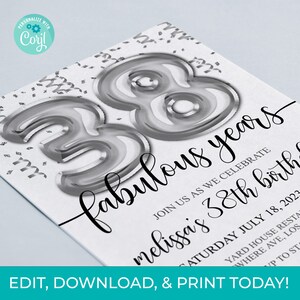 38th Birthday Invitation, Silver Balloon Design (digital Download) - Etsy