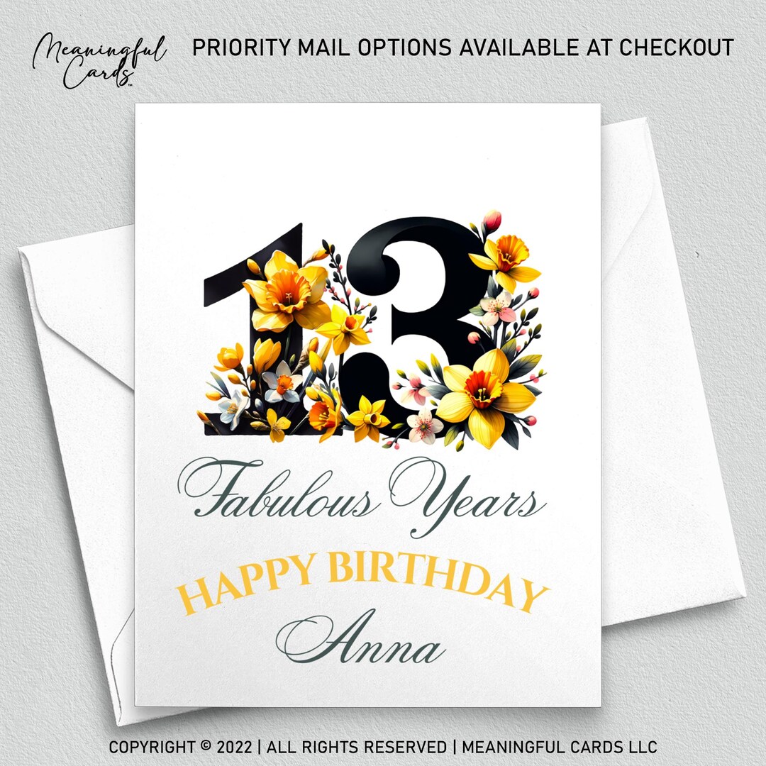 Personalized 13th Birthday Card Floral Design, Customized Thirteenth ...