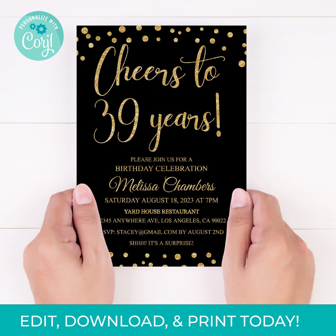 39th Birthday Invitation 39th Invite Black Gold Glitter Invitation ...