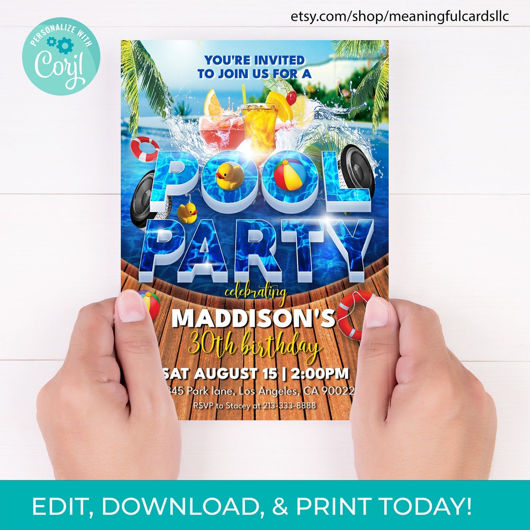 Pool Party BBQ Birthday Invitation, Editable Summer Invite (digital ...