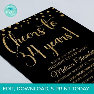 34th Birthday Invitation 34th Invite Black Gold Glitter Invitation ...