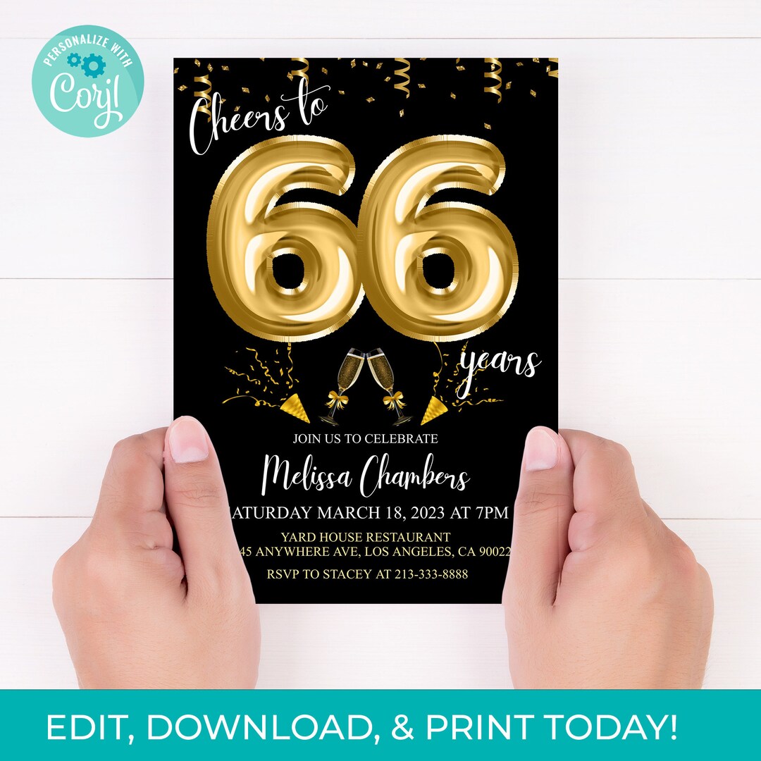 66th Birthday Invitation 66th Invite Black Gold Balloons Invitation ...