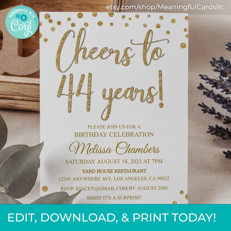 Gold Glitter 44th Birthday Invitation, Editable Printable (digital ...