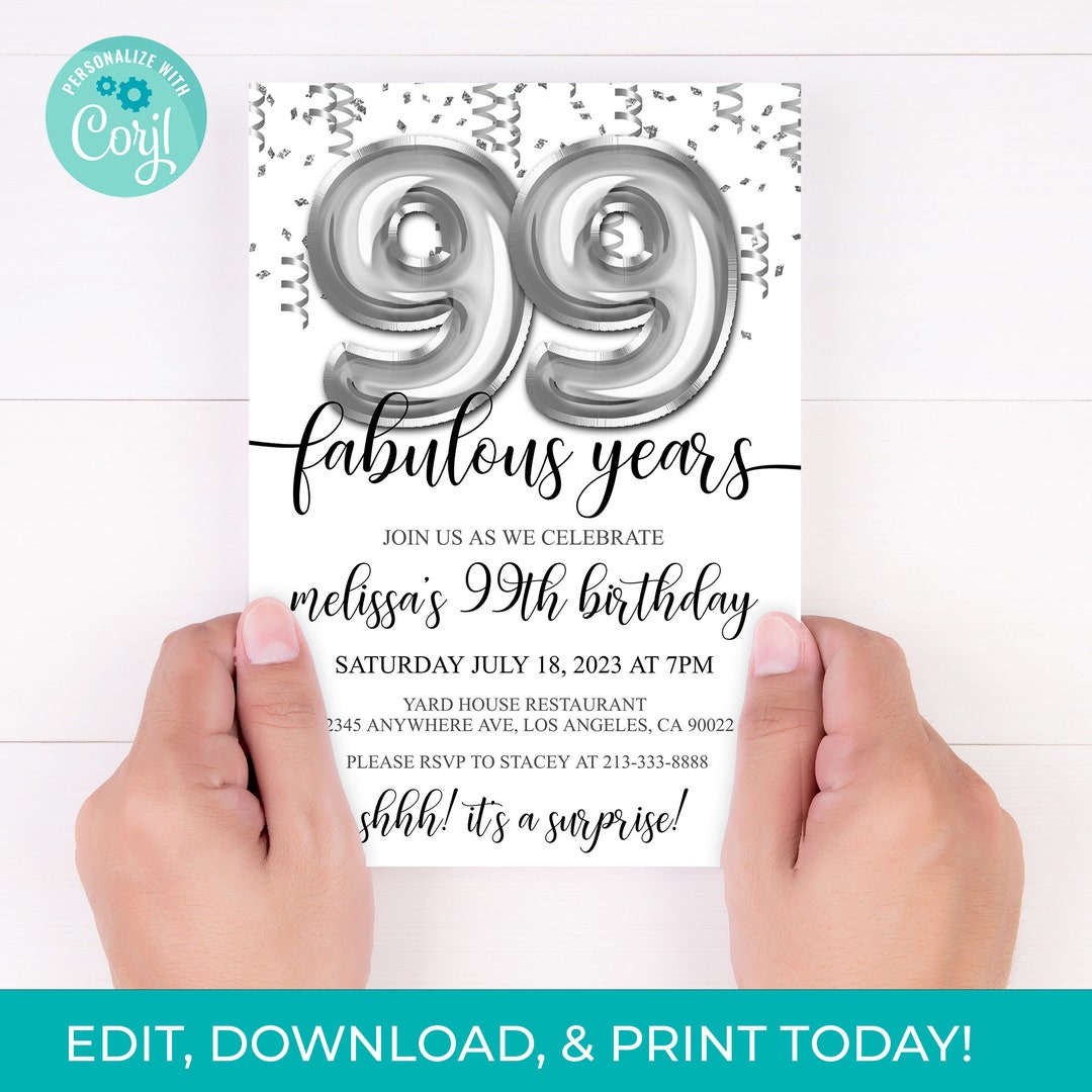 99th Birthday Invitation, Silver Balloons, Editable Template (digital ...