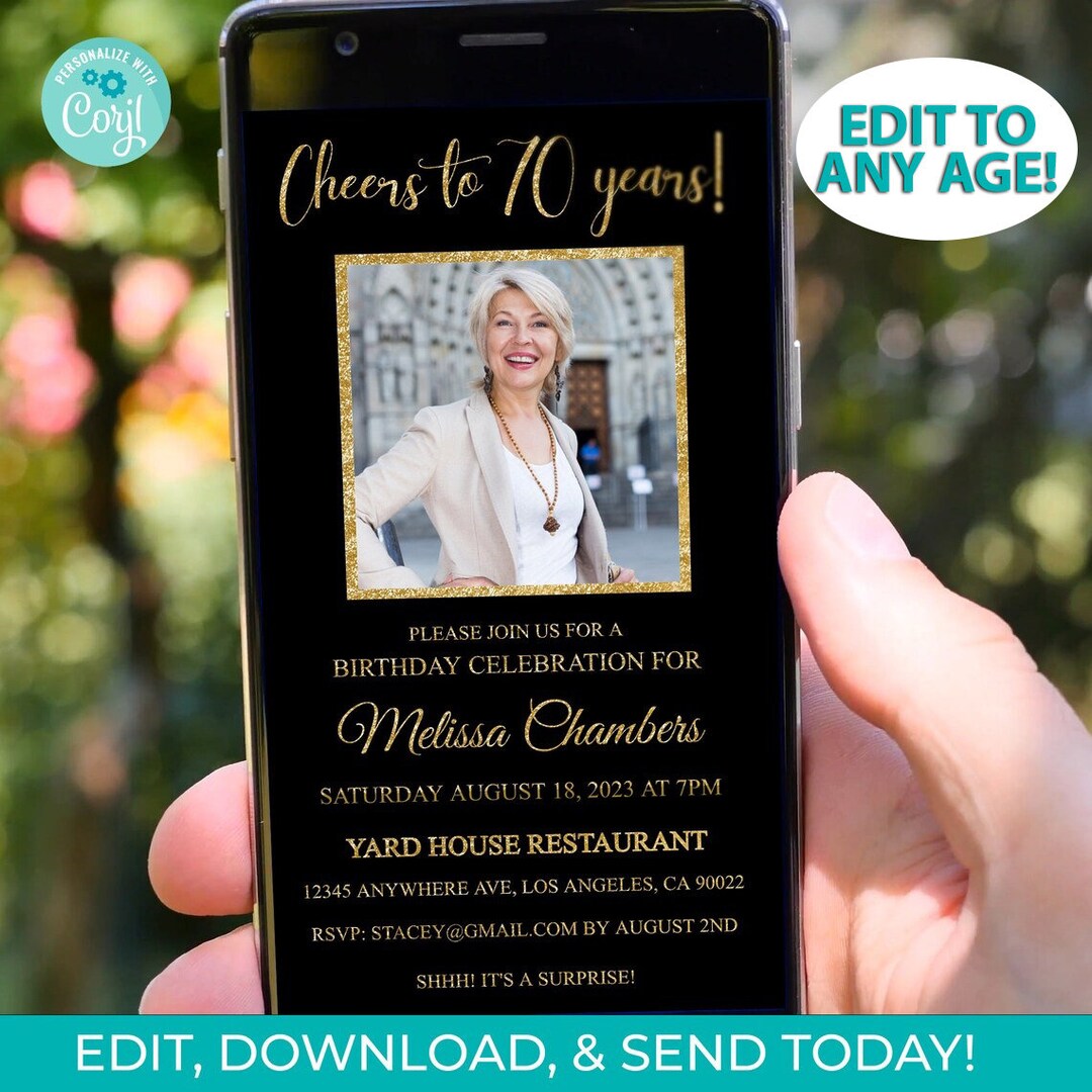 Digital Birthday Invitation With Photo, Digital Invite Black Gold ...