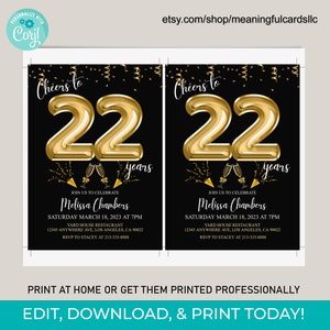 22nd Birthday Invitation 22nd Invite Black Gold Balloons Invitation, 22 ...