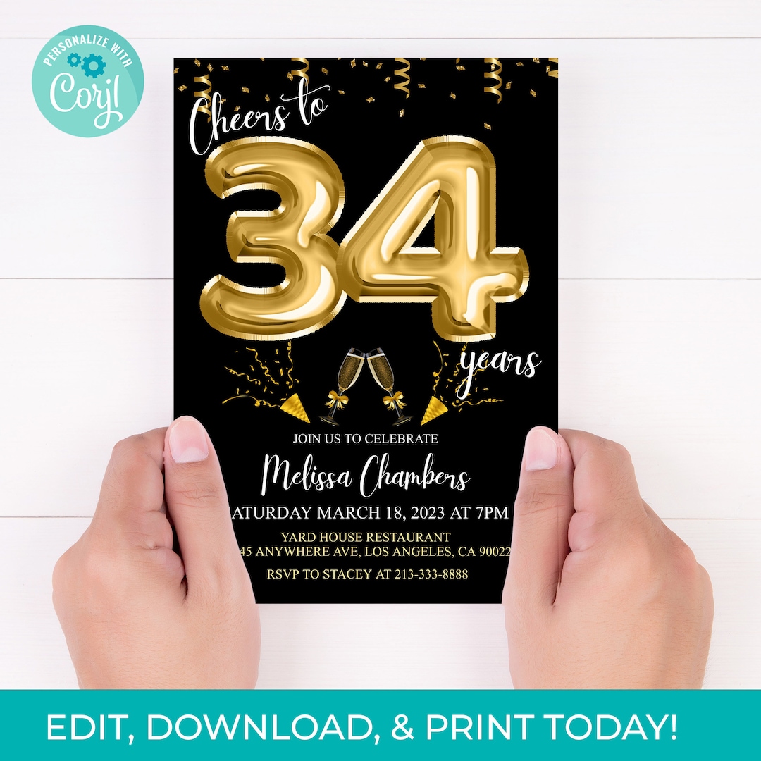 Black and Gold 34th Birthday Invitation, Editable Template (digital ...
